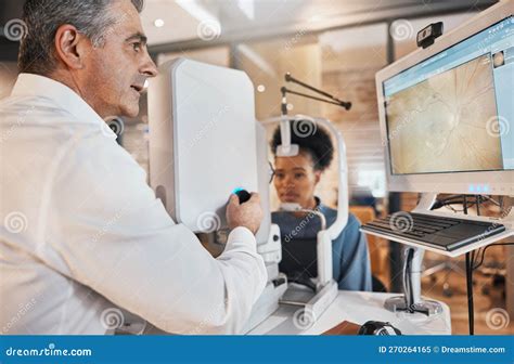 Computer Eye Exam Or Black Woman Consulting Doctor To Help With