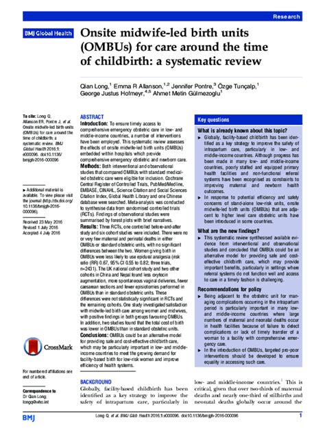 Pdf Onsite Midwife Led Birth Units Ombus For Care Around The Time