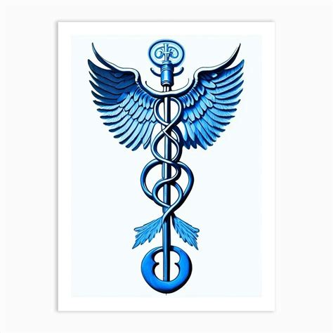 Caduceus Symbol Blue And White Line Drawing Art Print By Symbolic Expressions Fy