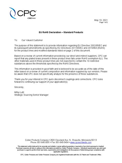 Rohs Cpc Standard And Modified Standard Product Lines Pdf