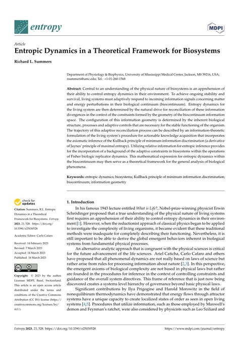 Pdf Entropic Dynamics In A Theoretical Framework For Biosystems