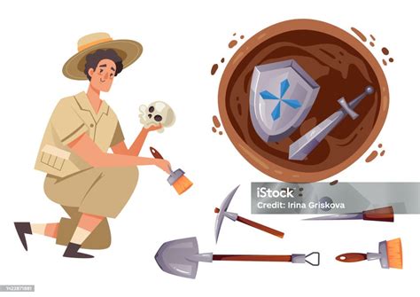 고고학 역사 과학 고생물학자 고대 화석 발굴 세트 그래픽 디자인 만화 일러스트 레이 션 돋보기 광학 기기에 대한 스톡 벡터 아트 및 기타 이미지 돋보기 광학 기기 루페