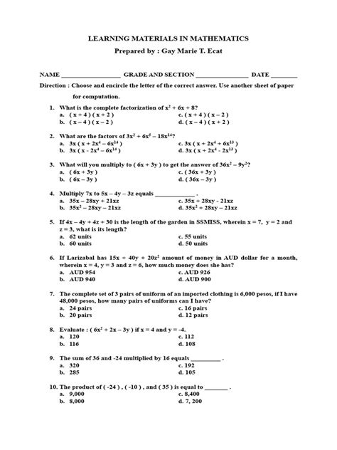 Learning Materials In Mathematics About Polynomials Pdf Algebra Mathematics