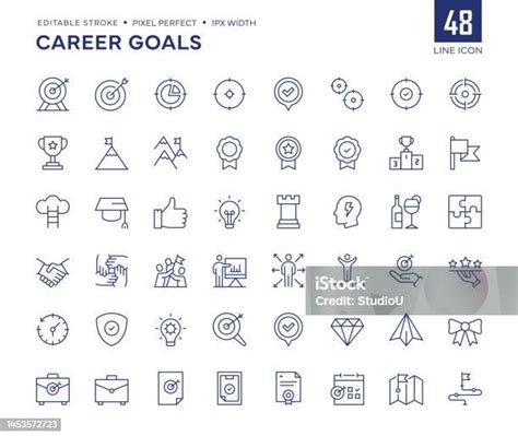 목표 라인 아이콘 세트에는 성공 아이디어 창의성 포부 팀워크 리더십 경쟁 등의 아이콘이 포함되어 있습니다 선 아이콘에 대한 스톡 벡터 아트 및 기타 이미지 Istock