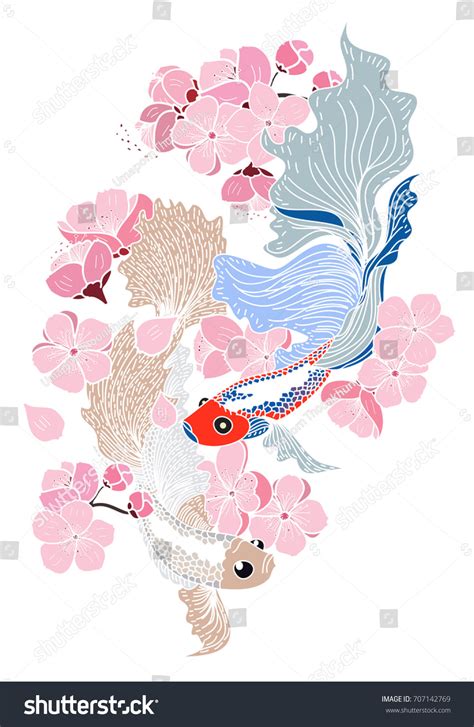 Hand Drawn Colorful Beta Fish Sakura Stock Vector Royalty Free 707142769