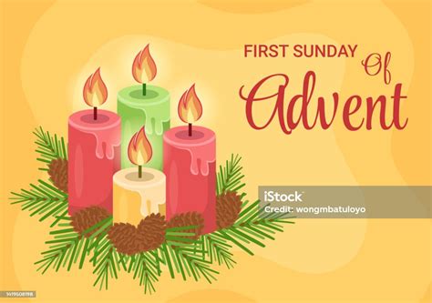 강림절의 첫 번째 일요일 또는 11 월 27 일에 템플릿 손으로 그린 만화 플랫 일러스트레이션에서 열리는 새 교회의 해의 시작 강림절에 대한 스톡 벡터 아트 및 기타 이미지