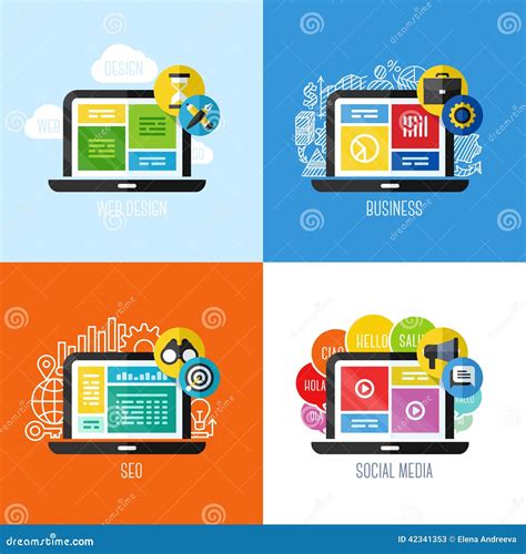 Flat Vector Concepts Of Web Design Business Social Media Seo Stock Vector Illustration Of