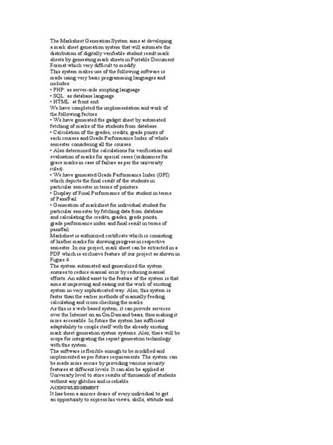 The Marksheet Generation System Aims At Developing Pdf Databases Computer Data