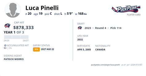 Luca Pinelli Contract Cap Hit Salary And Stats Puckpedia