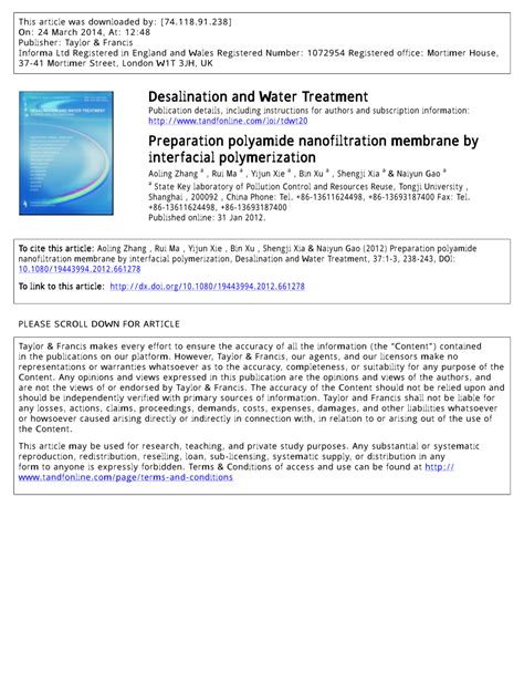 Pdf Preparation Polyamide Nanofiltration Membrane By Interfacial Polymerization