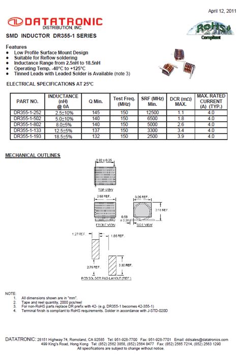 Smd Inductor Dr355 1 Series Edn