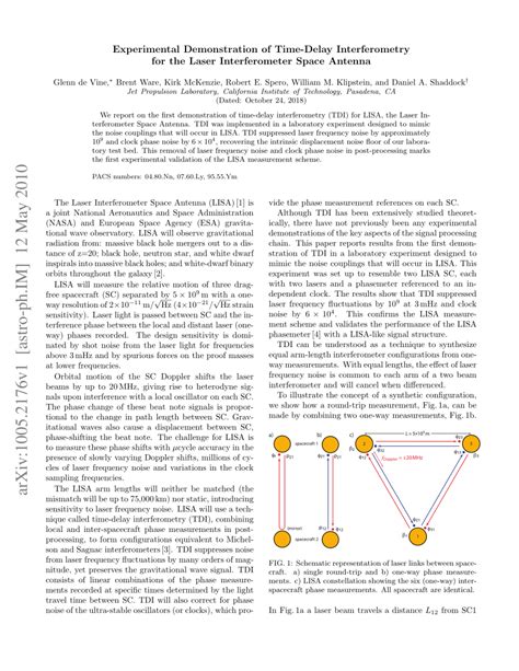 Pdf Experimental Demonstration Of Time Delay Interferometry For The