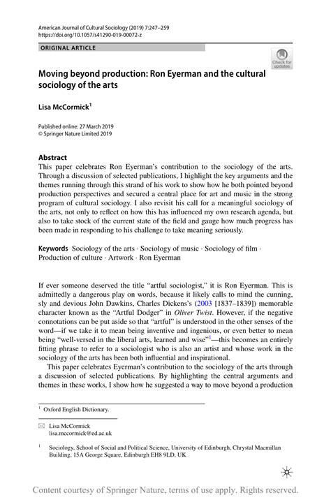 Moving Beyond Production Ron Eyerman And The Cultural Sociology Of The Arts
