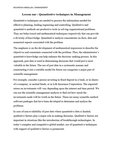 Lesson One Quantitative Techniques In Management Pdf Quantitative