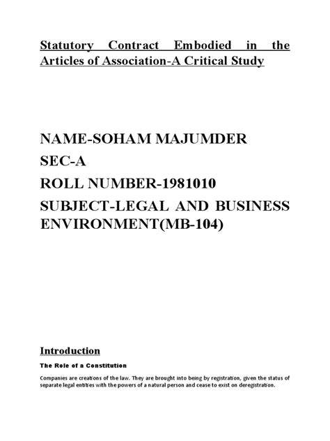 Statutory Contract Embodied In The Articles Of Association Pdf