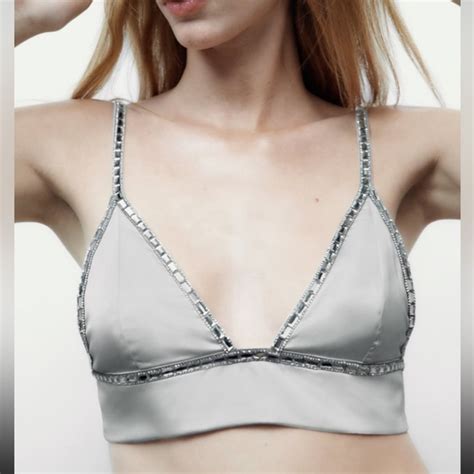 Zara Tops Zara Gray Satin Effect Bralette Rhinestone Crop Top
