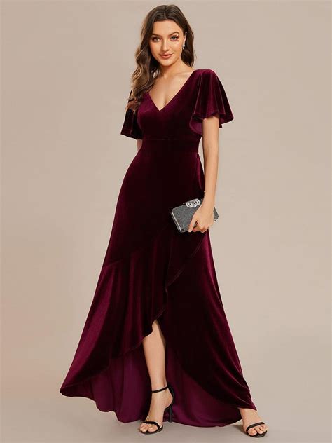 Velvet Ruffles Sleeve Stretchy Double V Neck A Line Evening Dress