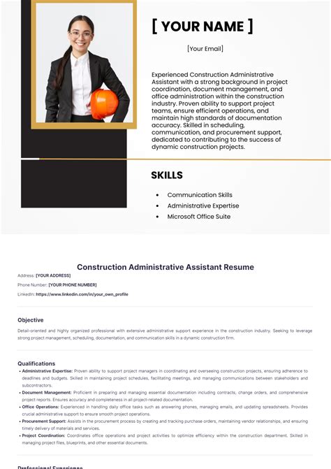 Free Construction Administrative Assistant Resume Template To Edit Online