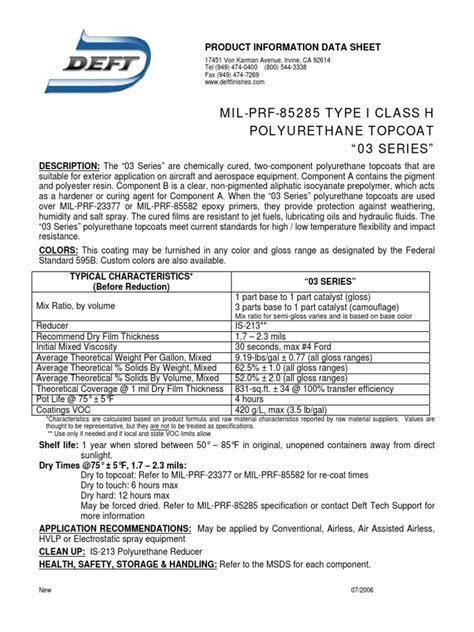 03 Series Mil Prf 85285 Ty I Cl H Polyurethane Topcoat Deft 10