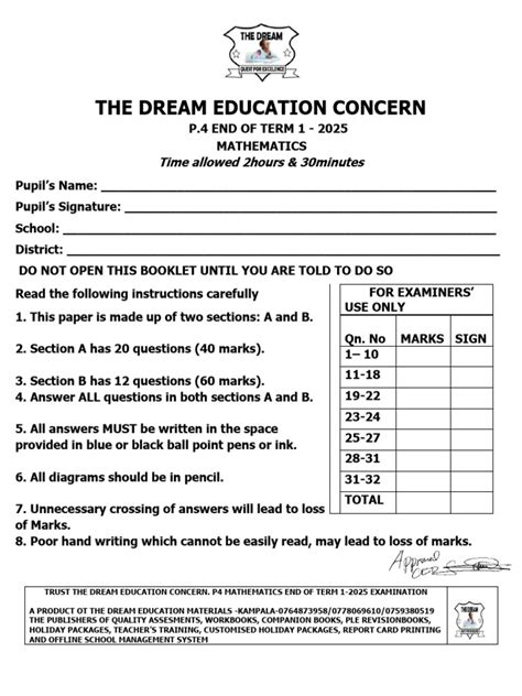 The Dream Math P4 End Of Term 1 2025 Pdf Mathematics