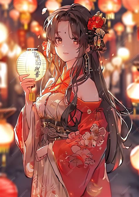 Premium Photo Anime Girl In A Red Dress With A Lantern