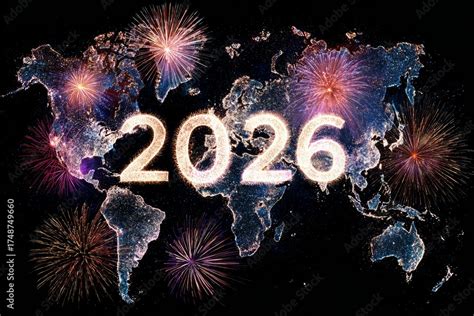 World Map Glowing With 2026 Surrounded By Fireworks Bursts On