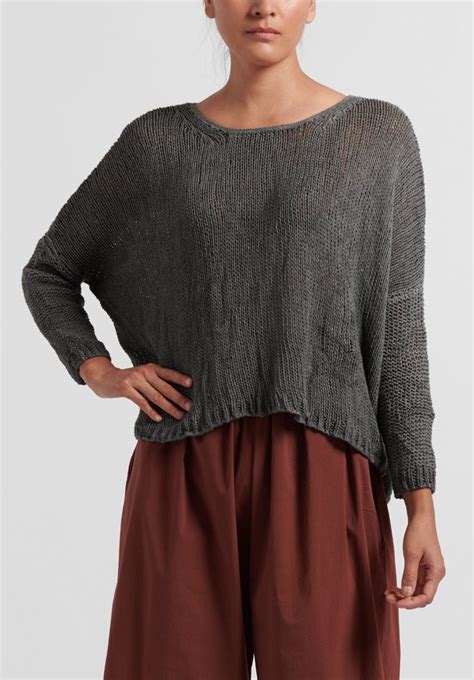 Umit Unal Cotton Handknit Loose Crop Sweater In Grey Cropped Sweater