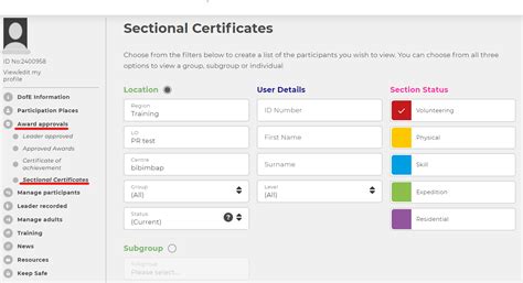 Sectional Certificates Adults Dofe