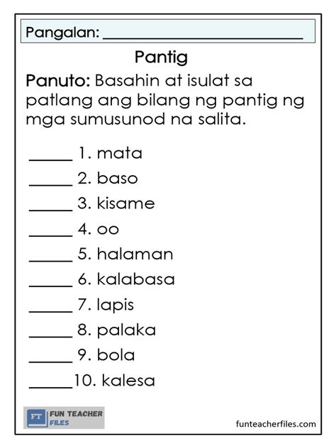 Bilang Ng Pantig Worksheets Set 1 Pdf