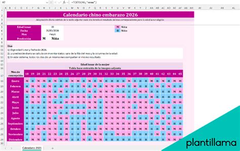 Calendario Chino Embarazo 2026 Descarga Excel Gratis