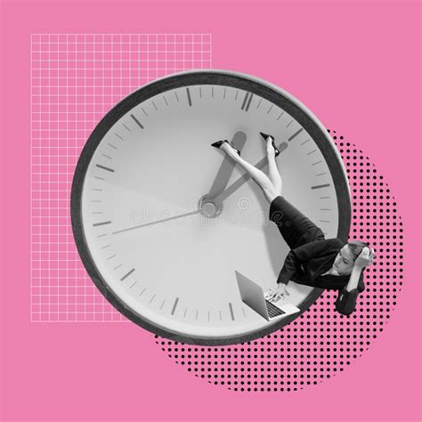 Young Woman Employee Lying On Clock And Working N Laptop Deadlines And Time Management