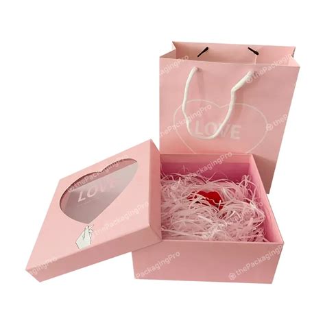 Lovely Pink Paper Box With Clear Heart Shaped Window And Bag For