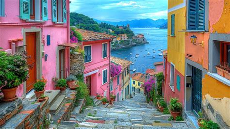 Italian Town On The Sea Terraced Houses Decorated With Flowers Amalfi