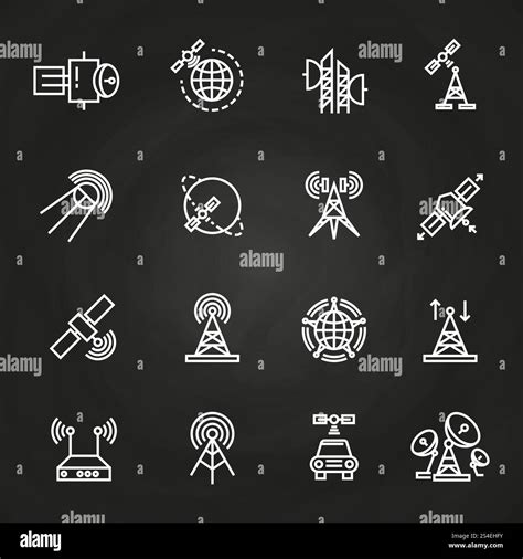 Satellite And Orbit Communication Thin Line Icons On Blackboard Vector