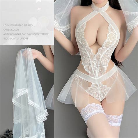 Yomorio Sexy Bride Costume White Bridal Lingerie Set Lace V Neck Teddy