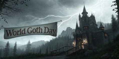Dark Fantasy Gothic Castle Under Stormy Skies Celebrating World Goth Day Stock Illustration