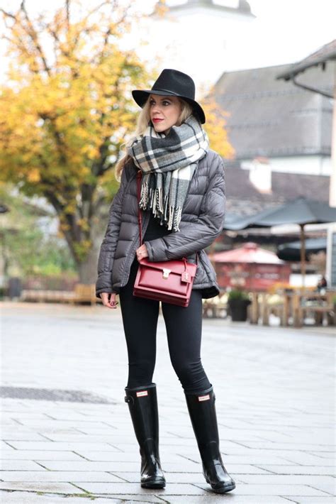 { Cozy In The Rain Puffer Coat Blanket Scarf And Hunter Boots