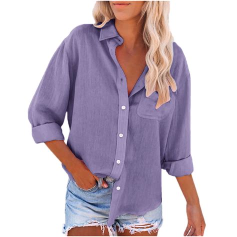 Aherbiu Womens Cotton Linen Shirts Blouse Open Front Button Lapel V