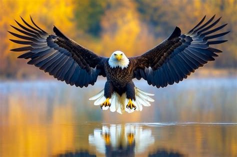 An Eagle With Its Wings Spread Out In Front Of A Lake Premium Ai
