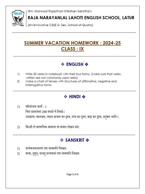 Class Ix Summer Vacation Assignment 2024 25 Pdf