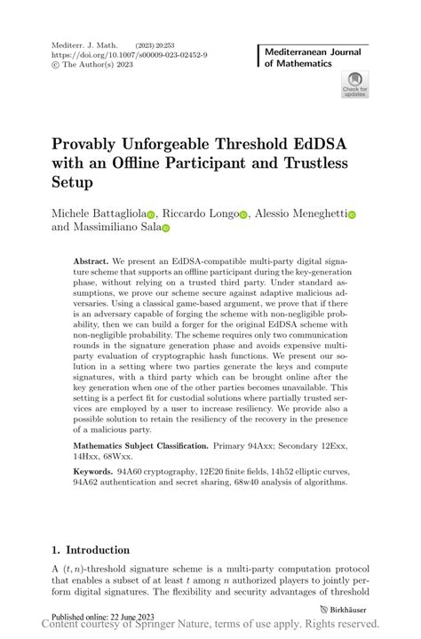 Pdf Provably Unforgeable Threshold Eddsa With An Offline Participant
