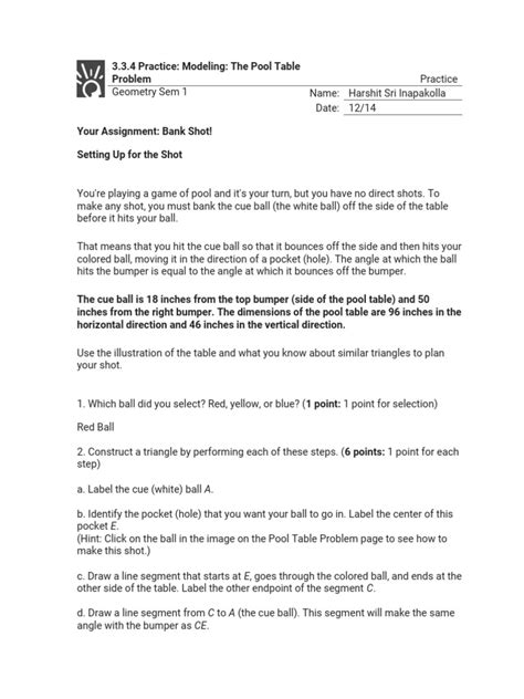 334 Practice Modeling The Pool Table Problem Practice Pdf