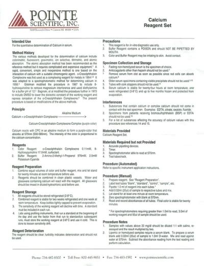 Calcium Package Insert Pointe Scientific Inc