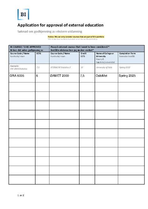 Bi Course Approval Application For External Education Studocu