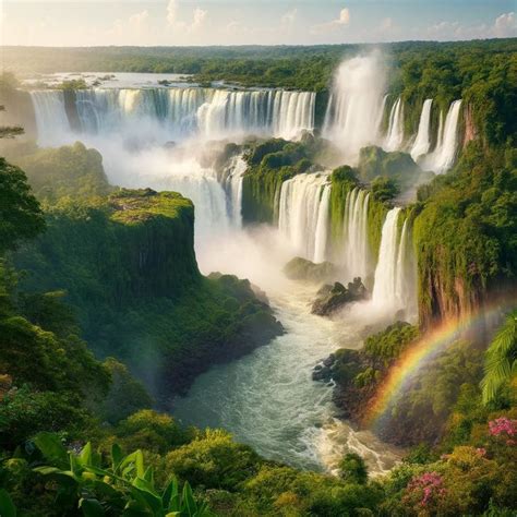 Iguazu Falls Splendour Canvas 60 X 60 Cm Rainbow Waterfall In Lush