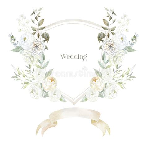 Watercolor Crest With White Flowers On The White Background Stock