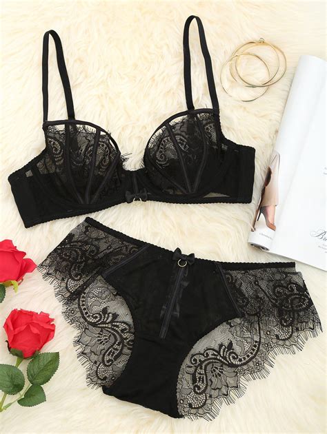 [25 Off] Eyelash Lace Sheer Bra Set Rosegal