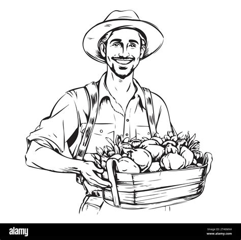 Vector Hand Drawn Vintage Style Farmer Holding Basket With Crop Vegetables And Fruits Local
