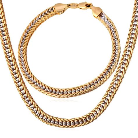 18k Two Tone Gold Plated Franco Chain Necklace Bracelet Set Jewelry