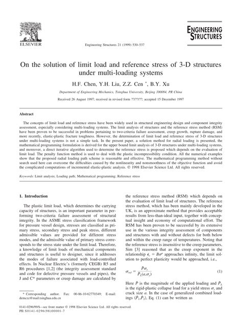 Pdf On The Solution Of Limit Load And Reference Stress Of 3 D Structures Under Multi Loading